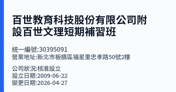 百世教育科技股份有限公司附設百世文理短期補習班的照片-統編 30395091(新北市) 公司登記資料與營業項目詳細圖表