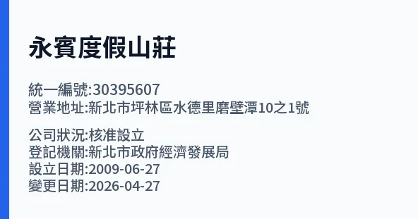 永賓度假山莊的照片-統編 30395607(新北市) 公司登記資料與營業項目詳細圖表