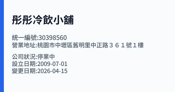 彤彤冷飲小舖的照片-統編 30398560(桃園市) 公司登記資料與營業項目詳細圖表