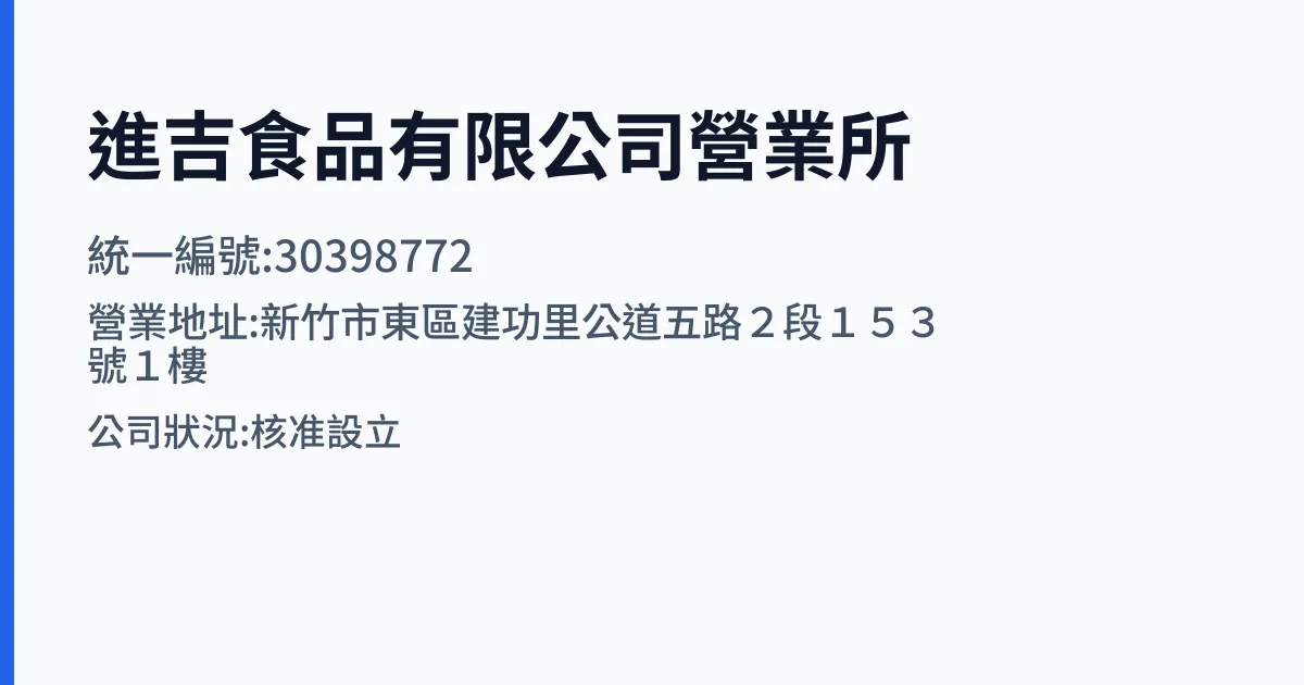 進吉食品有限公司營業所 - 統編 30398772(新竹市) 公司登記資料與營業項目詳細圖表
