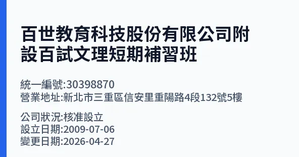 百世教育科技股份有限公司附設百試文理短期補習班的照片-統編 30398870(新北市) 公司登記資料與營業項目詳細圖表