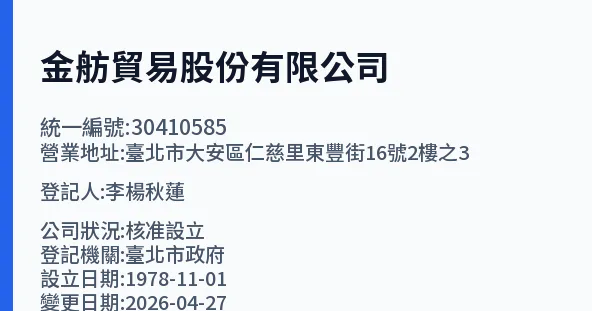 金舫貿易股份有限公司的照片-統編 30410585(臺北市) 公司登記資料與營業項目詳細圖表