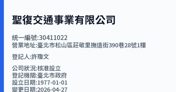 聖復交通事業有限公司的照片-統編 30411022(臺北市) 公司登記資料與營業項目詳細圖表