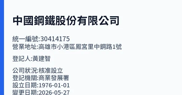 中國鋼鐵股份有限公司的照片-統編 30414175(高雄市) 公司登記資料與營業項目詳細圖表
