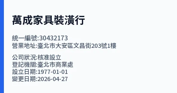 萬成家具裝潢行的照片-統編 30432173(臺北市) 公司登記資料與營業項目詳細圖表