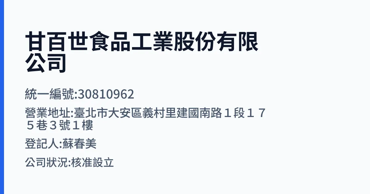 甘百世食品工業股份有限公司 - 統編 30810962(臺北市) 公司登記資料與營業項目詳細圖表