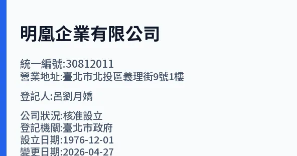 明凰企業有限公司的照片-統編 30812011(臺北市) 公司登記資料與營業項目詳細圖表