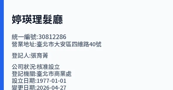 婷瑛理髮廳的照片-統編 30812286(臺北市) 公司登記資料與營業項目詳細圖表