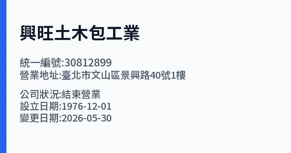 興旺土木包工業的照片-統編 30812899(臺北市) 公司登記資料與營業項目詳細圖表