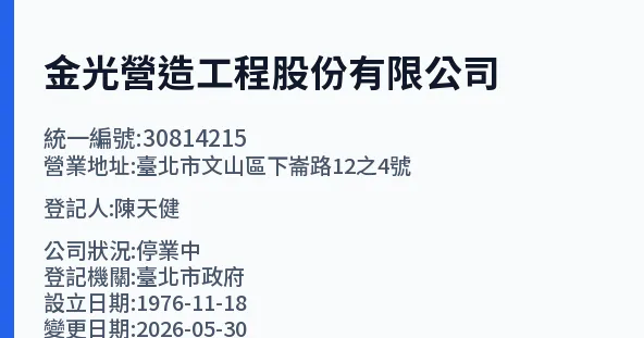 金光營造工程股份有限公司的照片-統編 30814215(臺北市) 公司登記資料與營業項目詳細圖表
