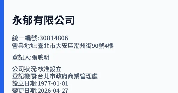 永郁有限公司的照片-統編 30814806(臺北市) 公司登記資料與營業項目詳細圖表