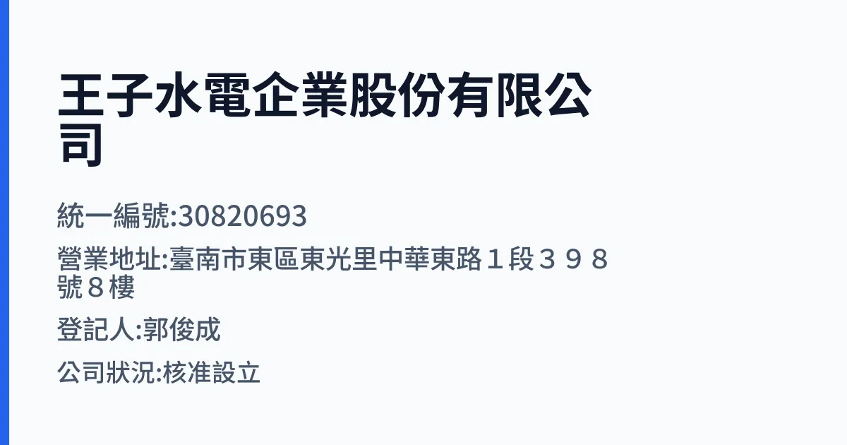 王子水電企業股份有限公司 - 統編 30820693(臺南市) 公司登記資料與營業項目詳細圖表