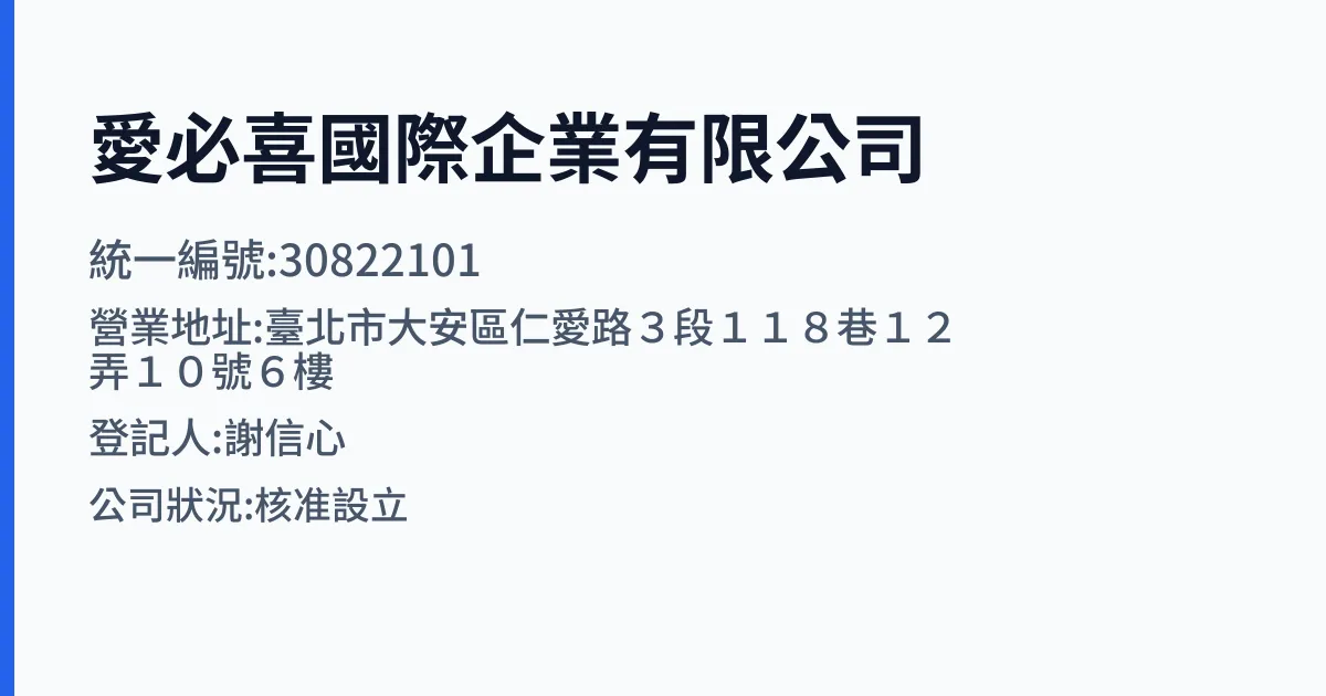 愛必喜國際企業有限公司 - 統編 30822101(臺北市) 公司登記資料與營業項目詳細圖表