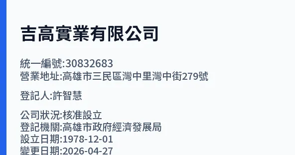 吉高實業有限公司的照片-統編 30832683(高雄市) 公司登記資料與營業項目詳細圖表
