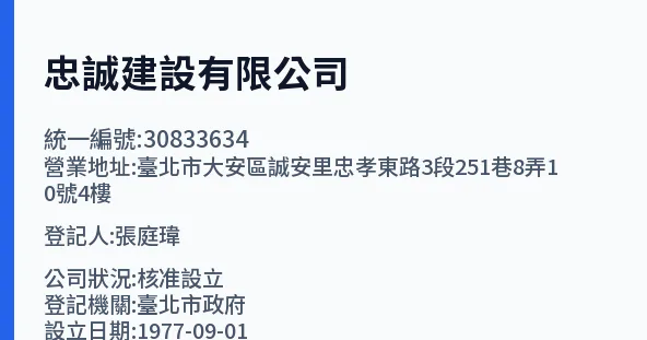 忠誠建設有限公司的照片-統編 30833634(臺北市) 公司登記資料與營業項目詳細圖表