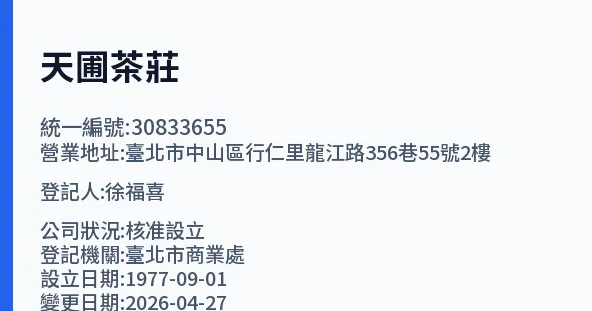 天圃茶莊的照片-統編 30833655(臺北市) 公司登記資料與營業項目詳細圖表