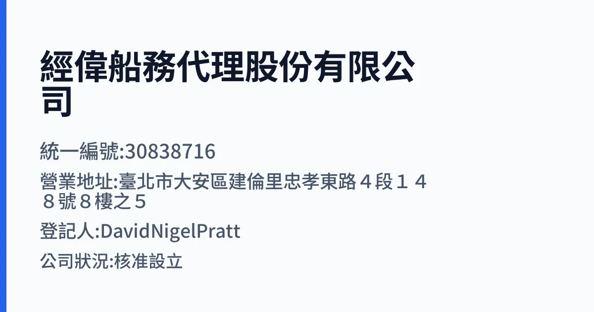 經偉船務代理股份有限公司 - 統編 30838716(臺北市) 公司登記資料與營業項目詳細圖表