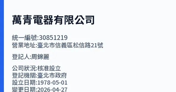 萬青電器有限公司的照片-統編 30851219(臺北市) 公司登記資料與營業項目詳細圖表
