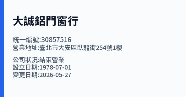 大誠鋁門窗行的照片-統編 30857516(臺北市) 公司登記資料與營業項目詳細圖表