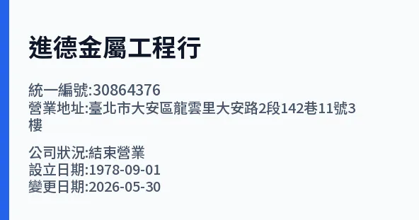 進德金屬工程行的照片-統編 30864376(臺北市) 公司登記資料與營業項目詳細圖表