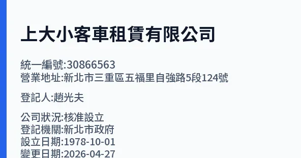上大小客車租賃有限公司的照片-統編 30866563(新北市) 公司登記資料與營業項目詳細圖表