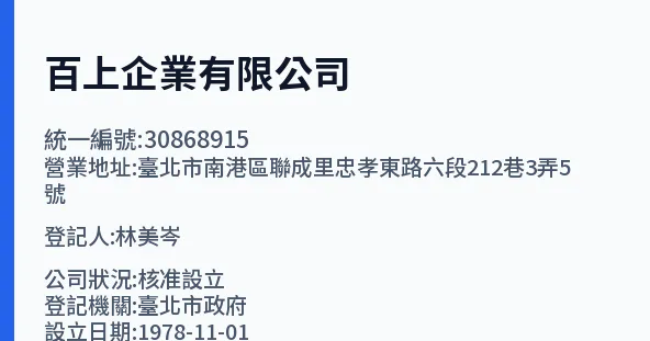 百上企業有限公司的照片-統編 30868915(臺北市) 公司登記資料與營業項目詳細圖表