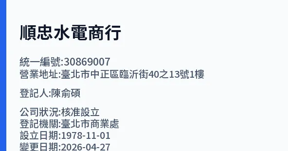 順忠水電商行的照片-統編 30869007(臺北市) 公司登記資料與營業項目詳細圖表