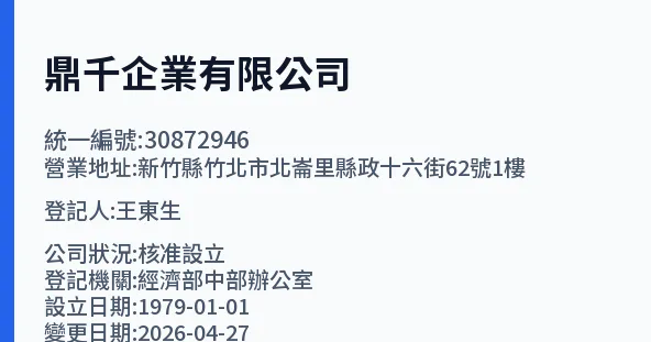 鼎千企業有限公司的照片-統編 30872946(新竹縣) 公司登記資料與營業項目詳細圖表