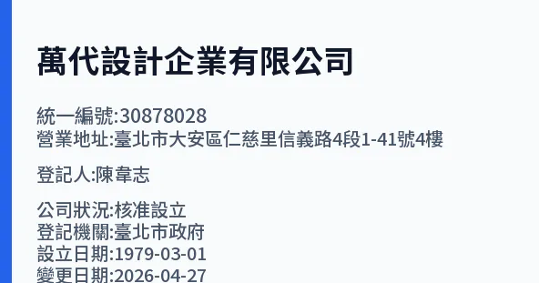 萬代設計企業有限公司的照片-統編 30878028(臺北市) 公司登記資料與營業項目詳細圖表