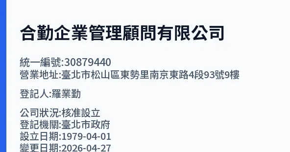 合勤企業管理顧問有限公司的照片-統編 30879440(臺北市) 公司登記資料與營業項目詳細圖表