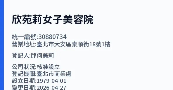 欣苑莉女子美容院的照片-統編 30880734(臺北市) 公司登記資料與營業項目詳細圖表