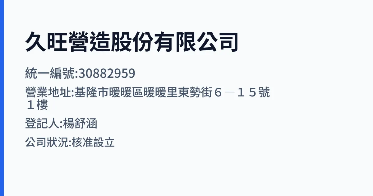 久旺營造股份有限公司 - 統編 30882959(基隆市) 公司登記資料與營業項目詳細圖表