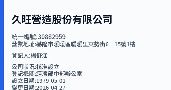 久旺營造股份有限公司的照片-統編 30882959(基隆市) 公司登記資料與營業項目詳細圖表