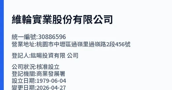 維輪實業股份有限公司的照片-統編 30886596(桃園市) 公司登記資料與營業項目詳細圖表