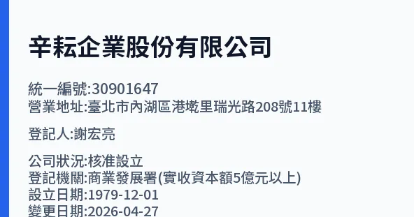 辛耘企業股份有限公司的照片-統編 30901647(臺北市) 公司登記資料與營業項目詳細圖表