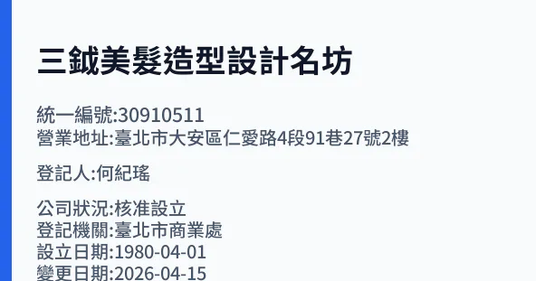三鉞美髮造型設計名坊的照片-統編 30910511(臺北市) 公司登記資料與營業項目詳細圖表