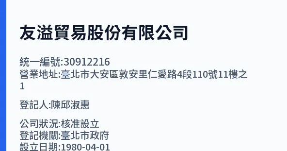 友溢貿易股份有限公司的照片-統編 30912216(臺北市) 公司登記資料與營業項目詳細圖表
