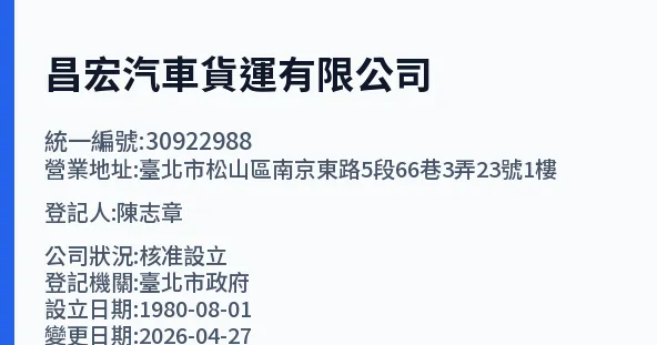 昌宏汽車貨運有限公司的照片-統編 30922988(臺北市) 公司登記資料與營業項目詳細圖表