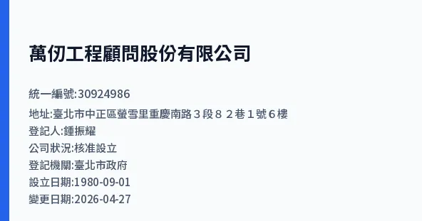 萬仞工程顧問股份有限公司的照片-統編 30924986(臺北市) 公司登記資料與營業項目詳細圖表