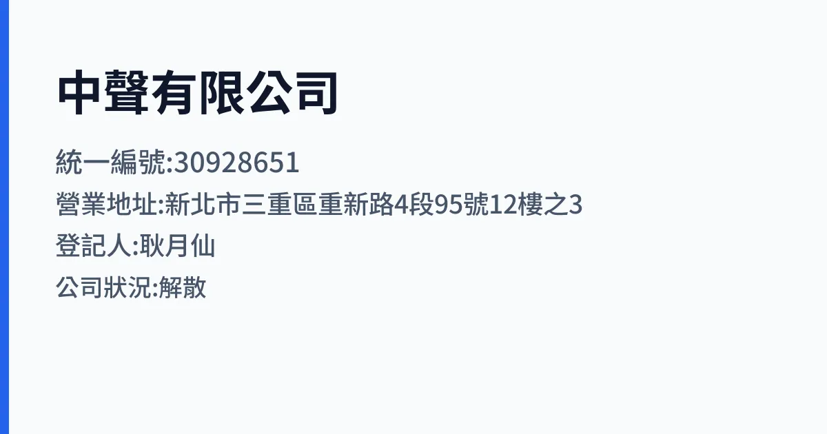 中聲有限公司 - 統編 30928651(新北市) 公司登記資料與營業項目詳細圖表