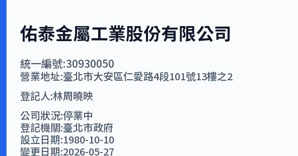 佑泰金屬工業股份有限公司的照片-統編 30930050(臺北市) 公司登記資料與營業項目詳細圖表