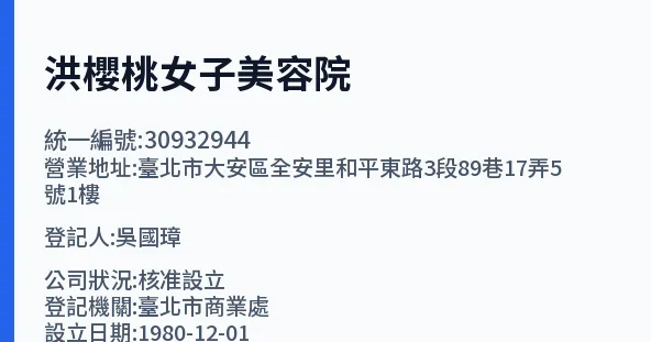 洪櫻桃女子美容院的照片-統編 30932944(臺北市) 公司登記資料與營業項目詳細圖表