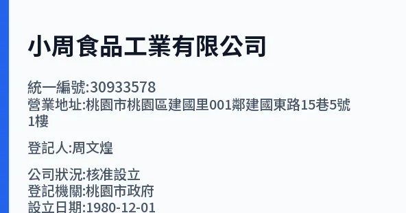 小周食品工業有限公司的照片-統編 30933578(桃園市) 公司登記資料與營業項目詳細圖表
