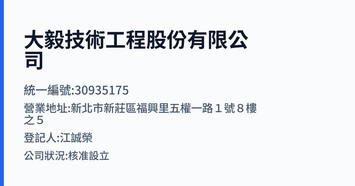 大毅技術工程股份有限公司 - 統編 30935175（新北市） 公司登記資料與營業項目詳細圖表