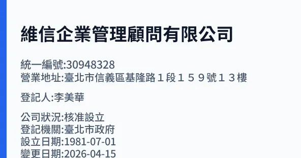 維信企業管理顧問有限公司的照片-統編 30948328(臺北市) 公司登記資料與營業項目詳細圖表