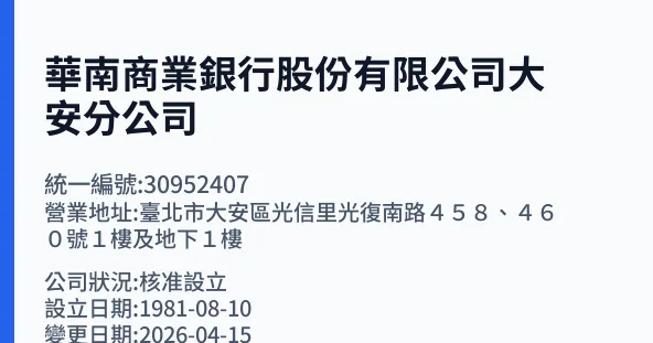 華南商業銀行股份有限公司大安分公司的照片-統編 30952407(臺北市) 公司登記資料與營業項目詳細圖表
