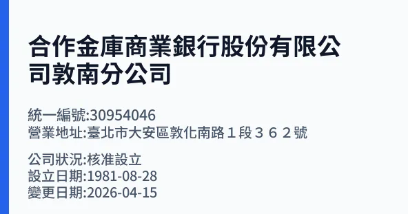 合作金庫商業銀行股份有限公司敦南分公司的照片-統編 30954046(臺北市) 公司登記資料與營業項目詳細圖表