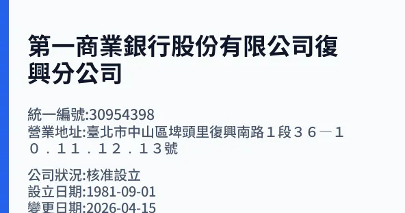 第一商業銀行股份有限公司復興分公司的照片-統編 30954398(臺北市) 公司登記資料與營業項目詳細圖表