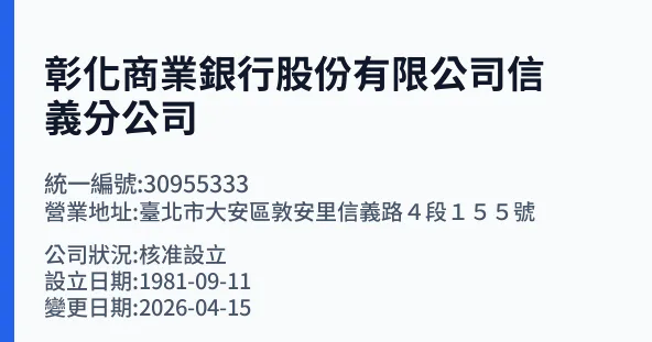 彰化商業銀行股份有限公司信義分公司的照片-統編 30955333(臺北市) 公司登記資料與營業項目詳細圖表