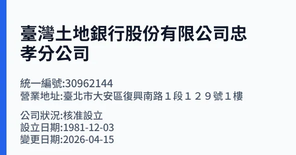 臺灣土地銀行股份有限公司忠孝分公司的照片-統編 30962144(臺北市) 公司登記資料與營業項目詳細圖表